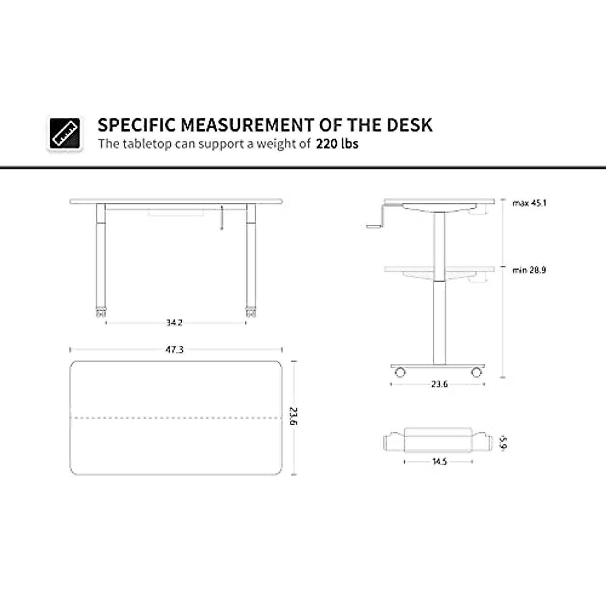 FEZIBO Crank Adjustable Height Standing Desk, 48 x 24 Inches Manual Stand up Desk, Sit Stand Desk with Handle, Home Office Desk with Black Top and Black Frame