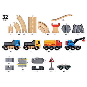 BRIO World 33210 - Rail & Road Loading Set - 32 Piece Wooden Train Set | Ideal for Kids Aged 3+ | with Special Crane Car & Flatbed Idea