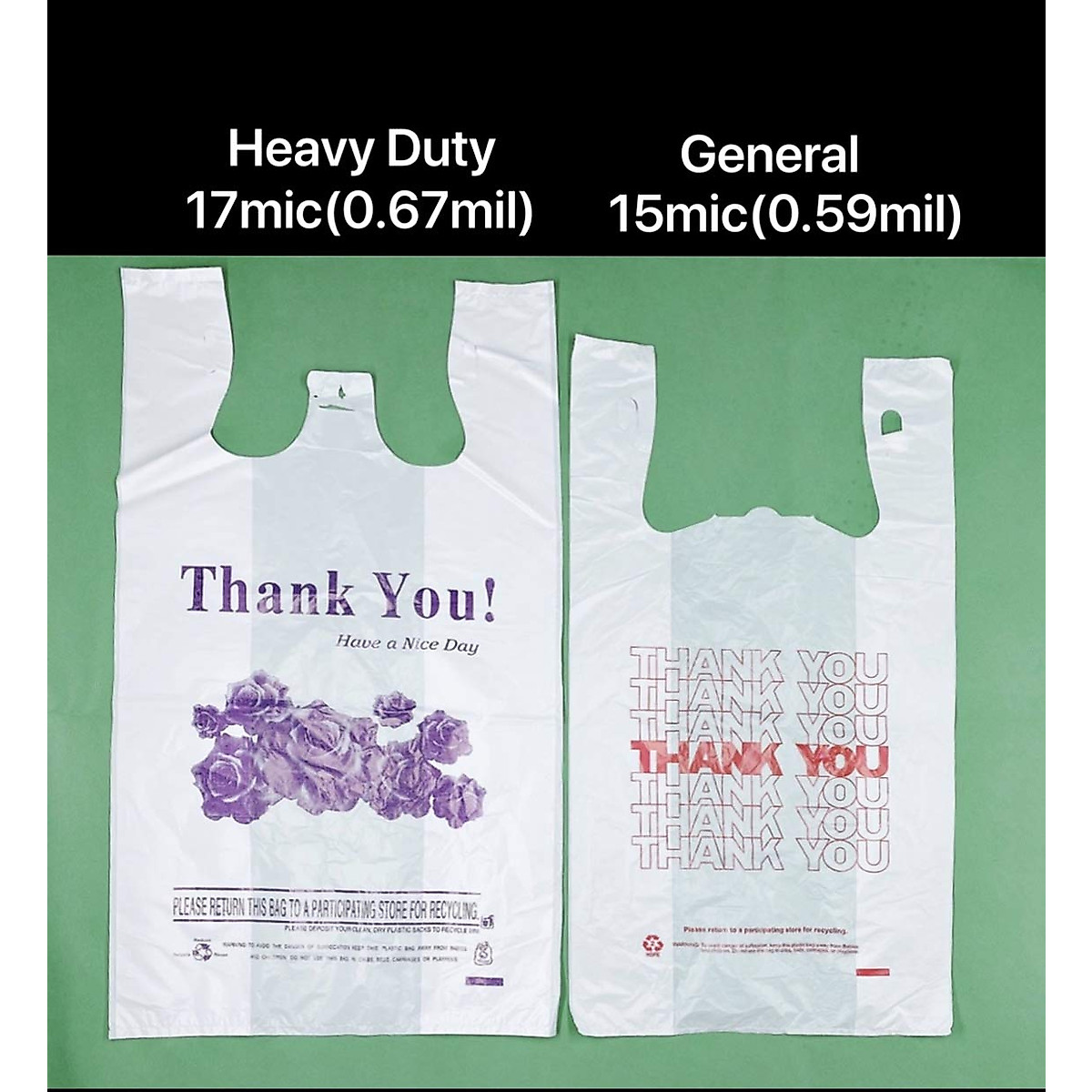 R Noble Heavy Duty 12???23???7?Purple Flower Thank You Reusable Disposable Grocery T-Shirt Plastic Bags 200 Counts 17Mic