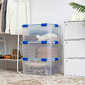 IRIS USA 60 Quart WEATHERPRO Plastic Storage Box with Durable Lid and Seal and Secure Latching, Clear With Blue Buckles, Weathertight, 3 Pack