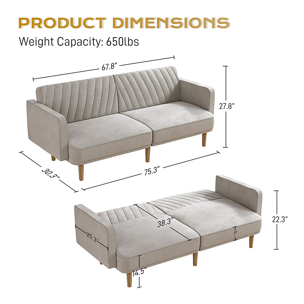 OUYESSIR Futon Sofa Bed, 75.3", Couch, Small Sofa, Sleeper Sofa, Loveseat, Mid Century Modern Velvet Futon Couch with 2 Pillows for Living Room (Grey Velvet, Futon)