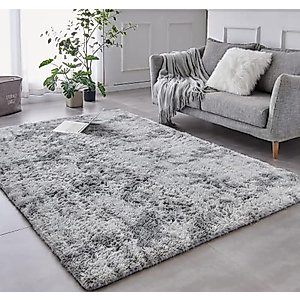 TABAYON Shag Area Rug, 4' x 6' Tie-Dyed Light Grey Indoor Ultra Soft Plush Rugs for Living Room, Non-Skid Nursery Faux Fur Rugs for Kids Room Home Décor