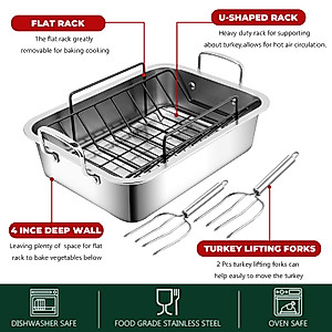 Hillbond Stainless Steel Roasting Pan with Rack 16 Inch Turkey Roaster Pan with U-Shaped Rack Flat Rack Turkey Lifting Forks for Turkey, Chicken, Vegetables Set of 5