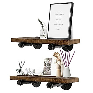 Home TZH Wall Mounted Floating Shelves, Floating Shelves with Industrial Pipe Brackets Set of 2 Rustic Wood Storage Shelf for Bedroom Living Room Bathroom Kitchen Office and More (2, Brown)