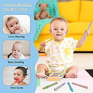 Yinghezu Hollow Teether Tubes, 6 Pack Chew Straw Toy for Infant Toddlers Silicone Teething Toys for Babies, 0-6 Months 6-12 Months BPA Free/Freezable/Dishwasher and Refrigerator Safe