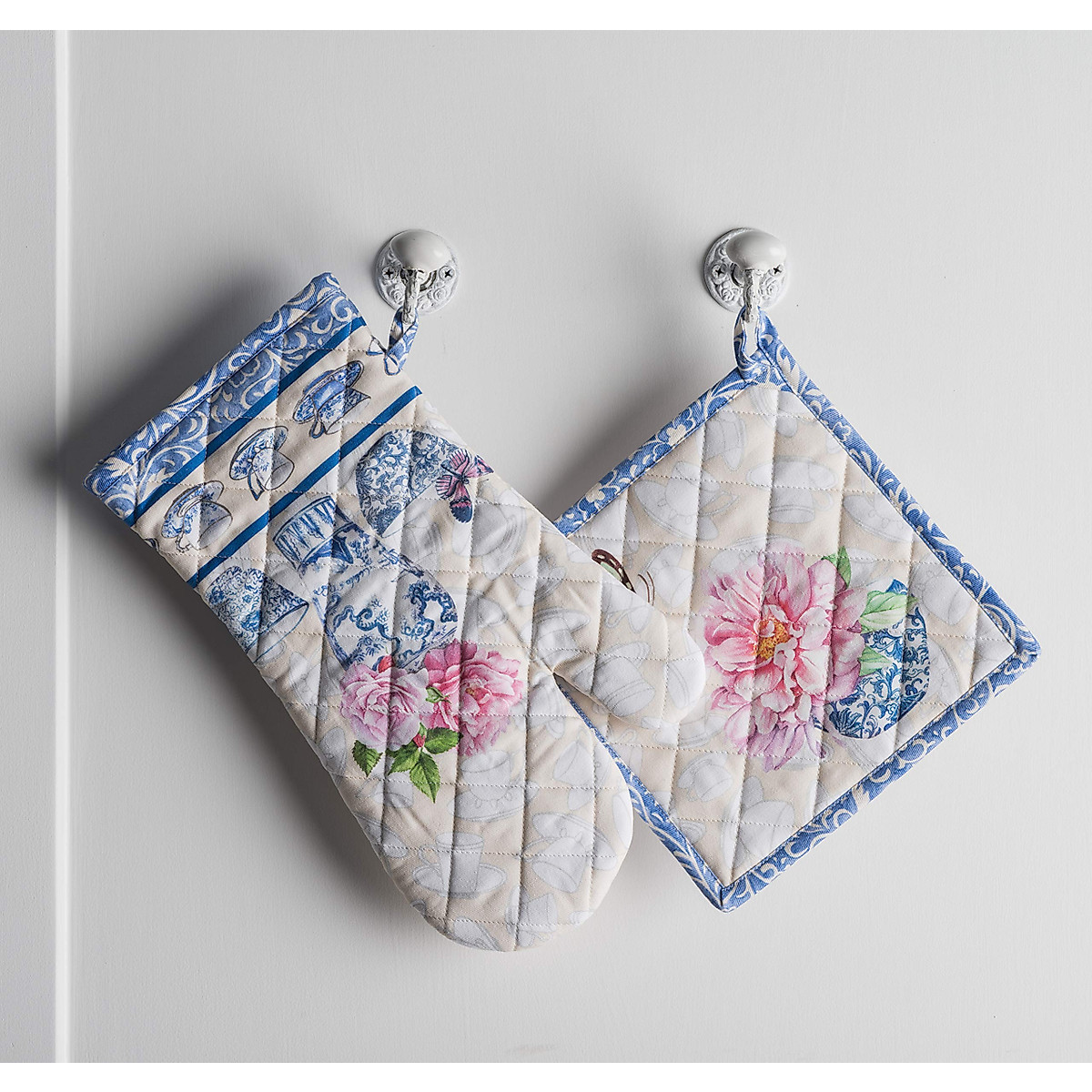 Maison d' Hermine Oven Mitt + Pot Holder 100% Cotton Heat Resistant Kitchen Oven Gloves (7.5"x13") & Hot Pads (8"x8"), Chef, Women & Men Parties, Birdies On Wire - Spring/Summer