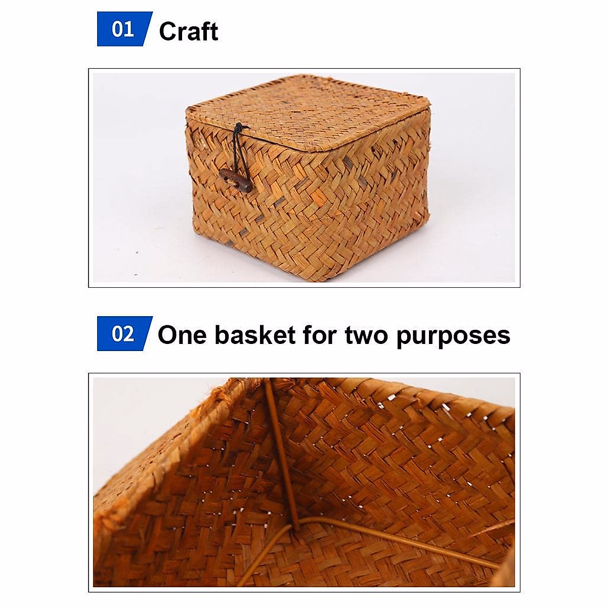 Kumprohu Seagrass Storage Baskets | Wicker Shelf Baskets with Lid,Rattan Storage Basket Natural for Organize and Storage Cosmetics, Snacks, Toys, Clothes Handwoven Storage Bins