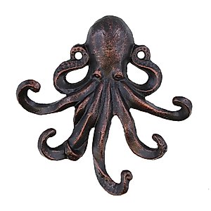 Decorative Cast Iron Octopus 5 Arm Wall Hook - Rustic Copper Finish