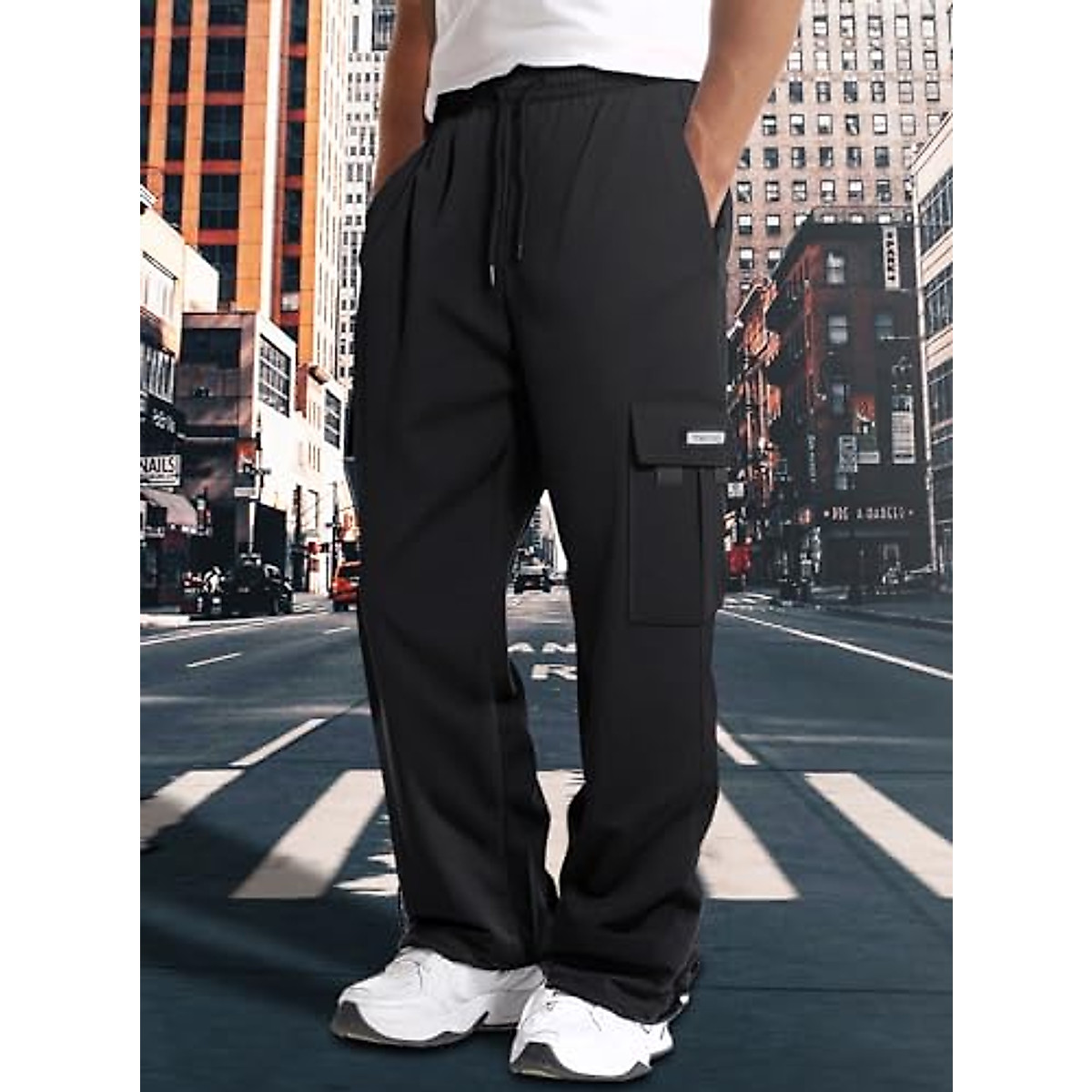 GYMBULLFIGHT Men's Cargo Sweatpants Loose Fit Pants Joggers for Men with Pockets, Open Bottom Drawstring Black
