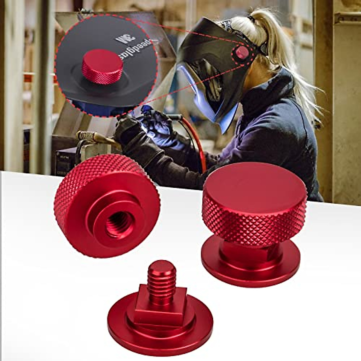 3mirrors Welding Hood Fasteners Pipeliner Welding Hood Parts Helmet Screws Headgear Replacement Parts Accessories Screws Flip Hood Aluminum - 1 Pair (Red Anodized Knurled)