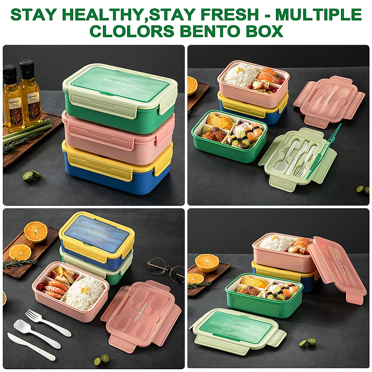 Supplim Bento Box for Adults and Kids - 1400ML Bento Lunch Box With Spoon & Knife & Fork,Leakproof 3 Compartment Lunch Food Storage Containers for Men Women