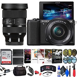 Sony Alpha a5100 Mirrorless Digital Camera with 16-50mm Lens (Black) + Sigma 24-70mm f/2.8 Lens (578965) + Filter Kit + Bag + 64GB Card + NPF-W50 Battery + Corel Photo Software + More (Renewed)