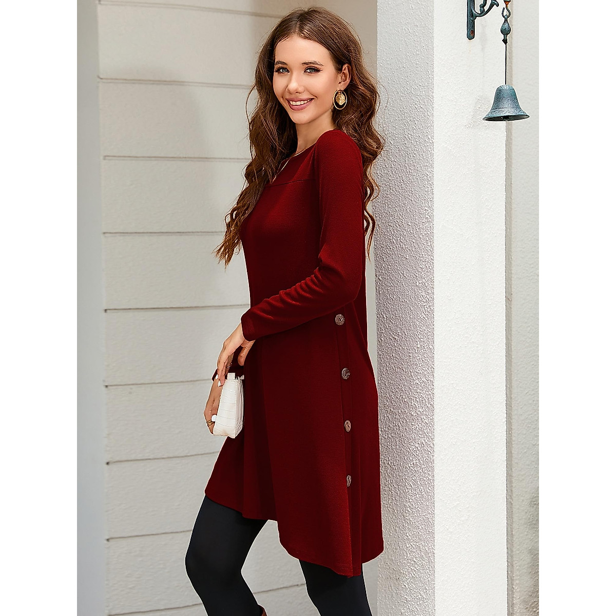 KORSIS Dresses for Women Wine Red Small Long Sleeve Round Neck Casual Button Side T Shirts Loose Fitting Sweater Jumper Fall Winter Christmas Tunic Dress