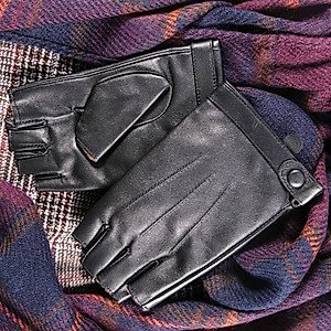 YISEVEN Women's Classic Sheepskin Leather Fingerless Gloves Lined Classic Soft Sheepskin 1/2 Half Finger Button Punk Motorcycle Cycling Fitness Touchscreen Warm Winter Gift, Black 7.5"/Large