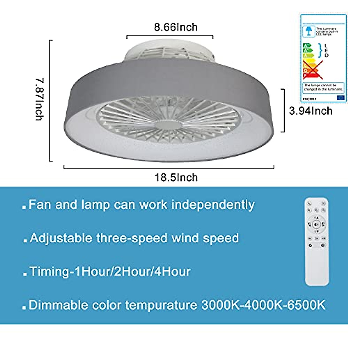 Anresun Ceiling Lamp Modern LED Semi Flush Mount Light Fandelier Adjustable Wind Speed Remote Control Dimmable 3 Files Fan Chandelier Modern Bedroom Living Room (Grey)