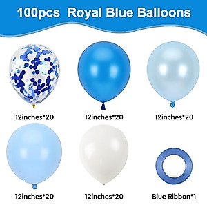 RUBFAC 100pcs 12 Inches Royal Blue Balloons, Royal Blue Confetti Balloons Light Blue Baby Blue and White Balloons for Boys Birthday Baby Shower Wedding Party Decoration