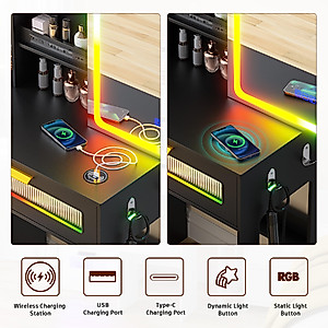 FOMNEY RGB LED Vanity Desk with Mirror and Lights, Makeup Vanity Desk with 3-in-1 Charging Station, Vanity Set with Stools＆Sliding Mirror, Make UP Table with 5 Drawers (Black)