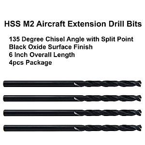 MAXTOOL 5/16"x6" 4pcs Identical Aircraft Extension Drills HSS M2 Extra Long Deep Twist Drill Bits Straight Shank Fully Ground Black; ACF02B06R20P4