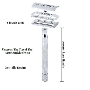 3 Pcs Double Edge Safety Razors For Men & Women - Safety Edge Razor Women Comes With 5 Astra Superior Platinum Double Edge Blades & Razor Cover - Reusable Men's Saftey Shaving Razors with Long Handle
