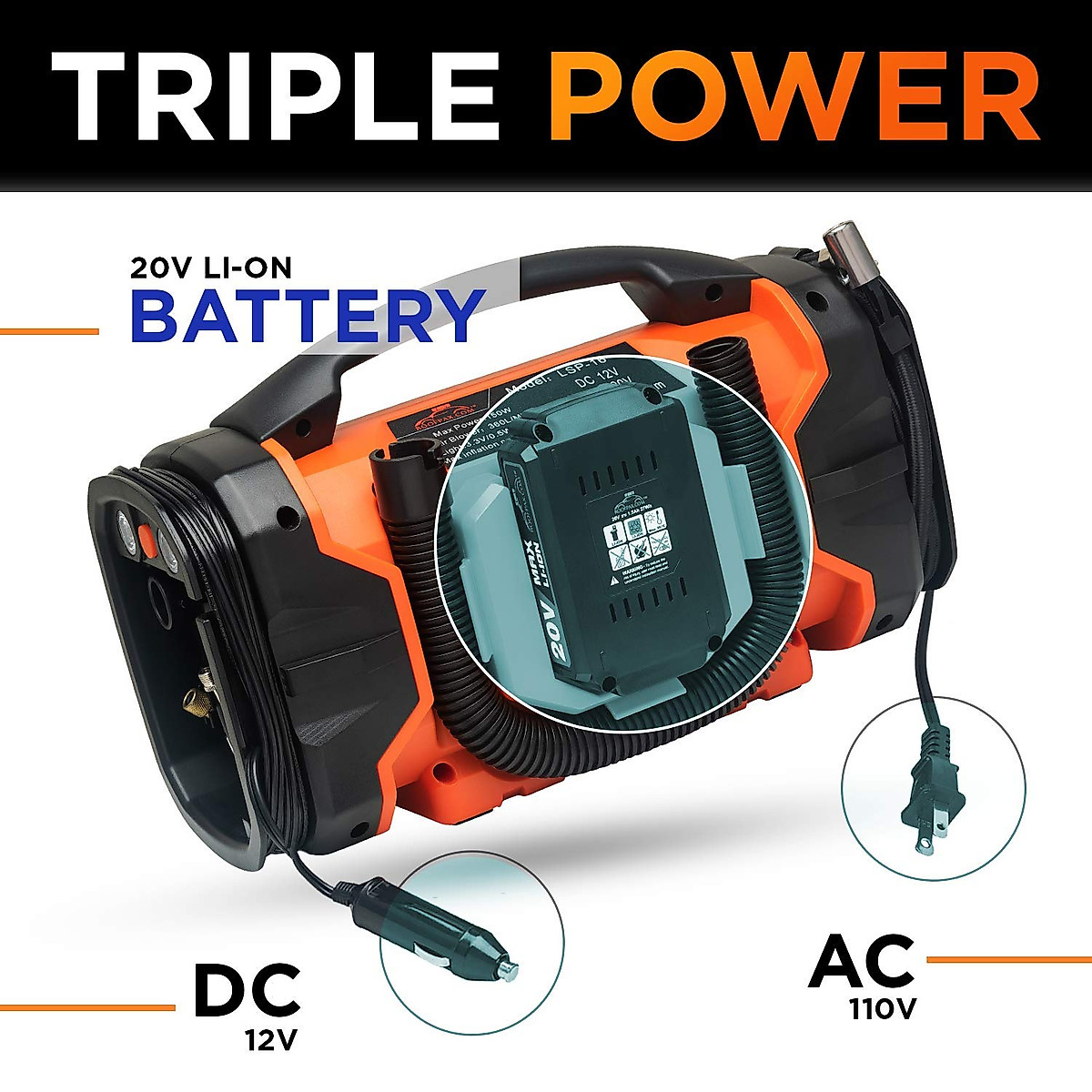 RoofPax Tire Inflator Portable Air Compressor for Car Tires 3 Power Sources AC/DC & Battery Heavy Duty Inflator/Deflator Digital Car Air Pump with Pressure Gauge 12V 110 AC 160 PSI For Car RV & Truck