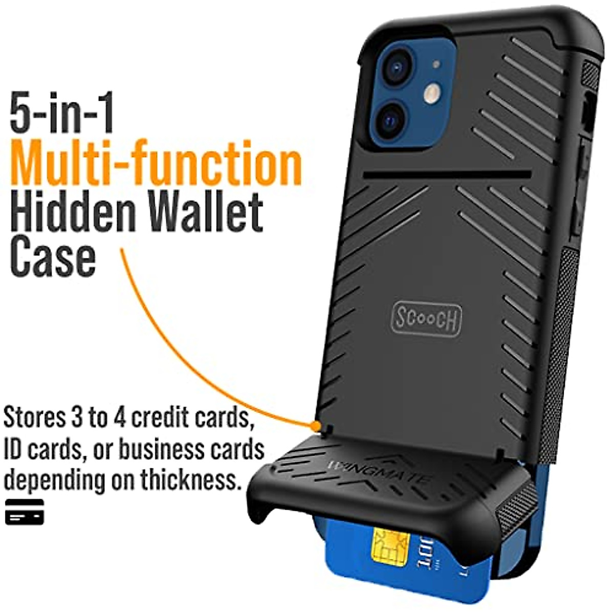 Scooch iPhone 12/12 Pro Case with Card Holder [Wingmate] iPhone 12 Wallet Case and iPhone 12 Pro Wallet Case [Slim & Minimal] 10-Foot Drop Protection, Magnetic Back for Car Mounts (Black)
