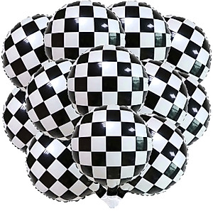 12PCS Checkered Racing Balloons 18 Inch Checkerboard Balloon Foil Balloon Aluminum Black White Balloon for Racing Themed Party Decoration 18 Inch Mylar Balloons Race Car Birthday Party Supplies