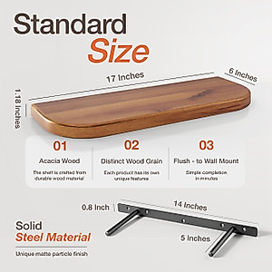 BATODA 17" Acacia Wood Floating Shelves Wall Mounted (Round Edge) – Rustic Farmhouse Wooden Wall Storage Shelf for Bedroom, Kitchen - Brackets and Shelving Hardware Included (Acacia, 17 Inch Length)