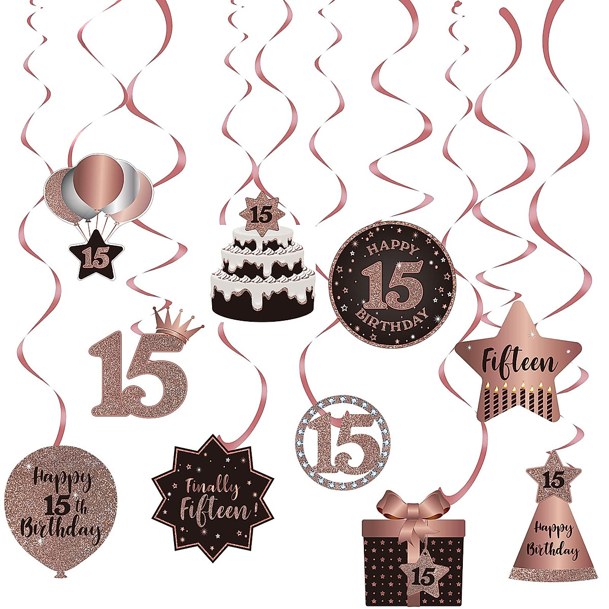 Happy 15th Birthday Hanging Swirls Streams Ceiling Decorations, Celebration 15 Foil Hanging Swirls with Cutouts for 15 Years Old Rose Gold Birthday Party Decorations Supplies