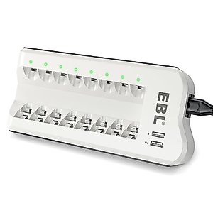 EBL AA AAA Battery Charger, 8 Slot Independent Charger for NiMH NiCD Rechargeable Batteries with 2 USB Fast Charging Ports