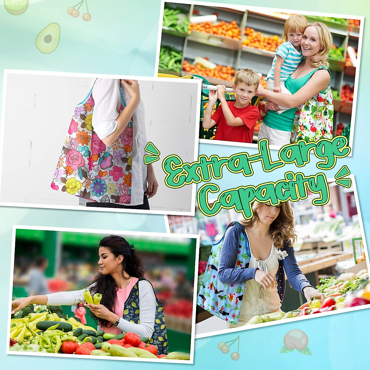 Shappy 34 Pcs Reusable Floral Grocery Bags Foldable Nylon Tote Bags Washable Shopping Bags Extra Large Cute Flower Reusable Bags with Attached Pouch for Women Grocery Shopping Supplies