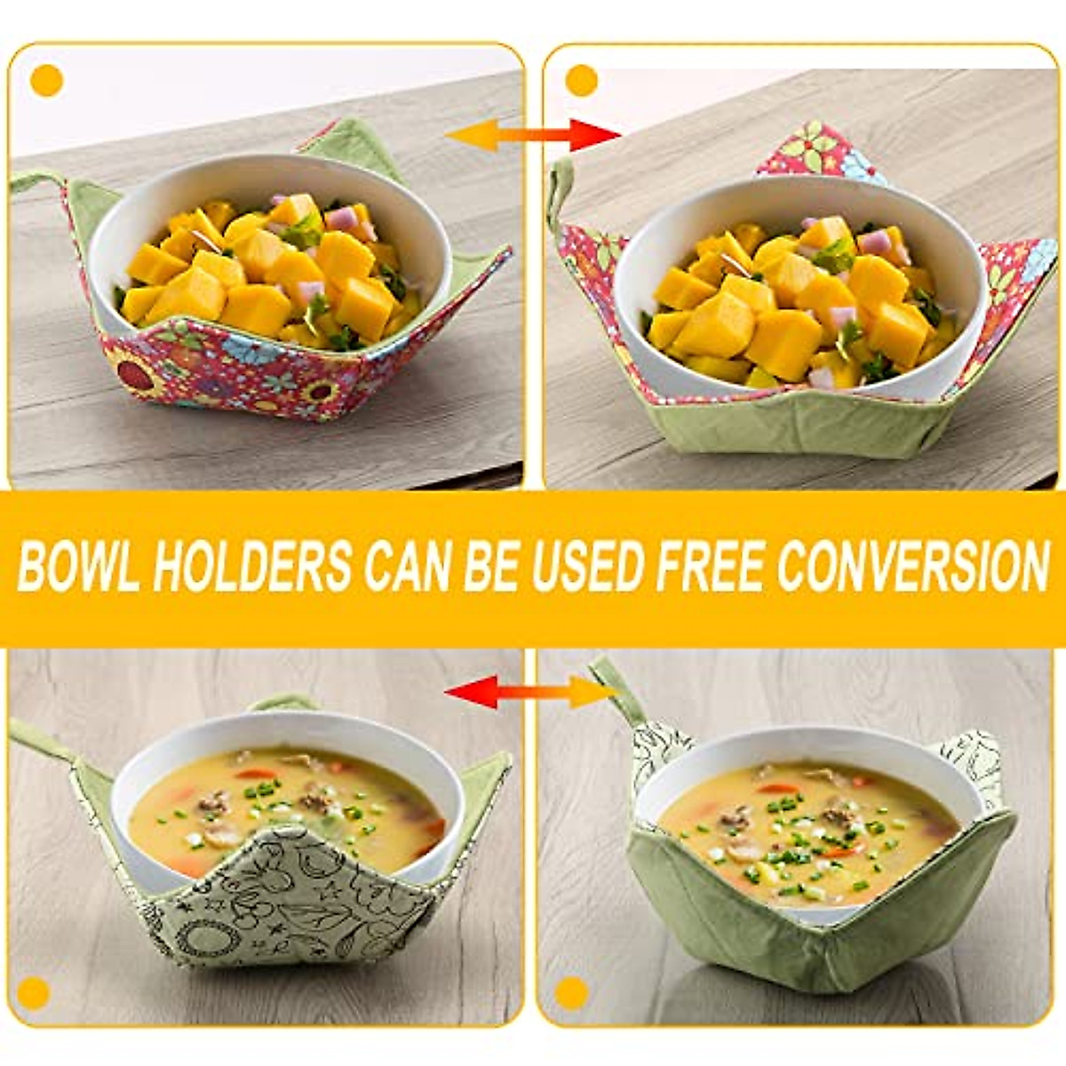 Mepple Microwave Bowl Cozy, Hot Soup Bowl Holders, Multipurpose Potholders for Hot & Cold Foods, Bowl-shaped Containers, Essential Kitchen Utensils Gadgets, Set of 2, Red and Green