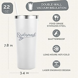 Your Dream Party Shop Bridesmaid Gift Wine Tumbler, 22oz - White Stainless Steel Cup with Straw and Lid, Perfect Bridesmaid Tumbler Proposal Gift