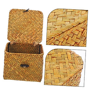 Luxshiny Wicker Shelf Baskets Bin with Lid Handwoven Seagrass Basket Storage Bins Cubes Household Basket Boxes for Shelf Closet Wardrobe Home Organizer