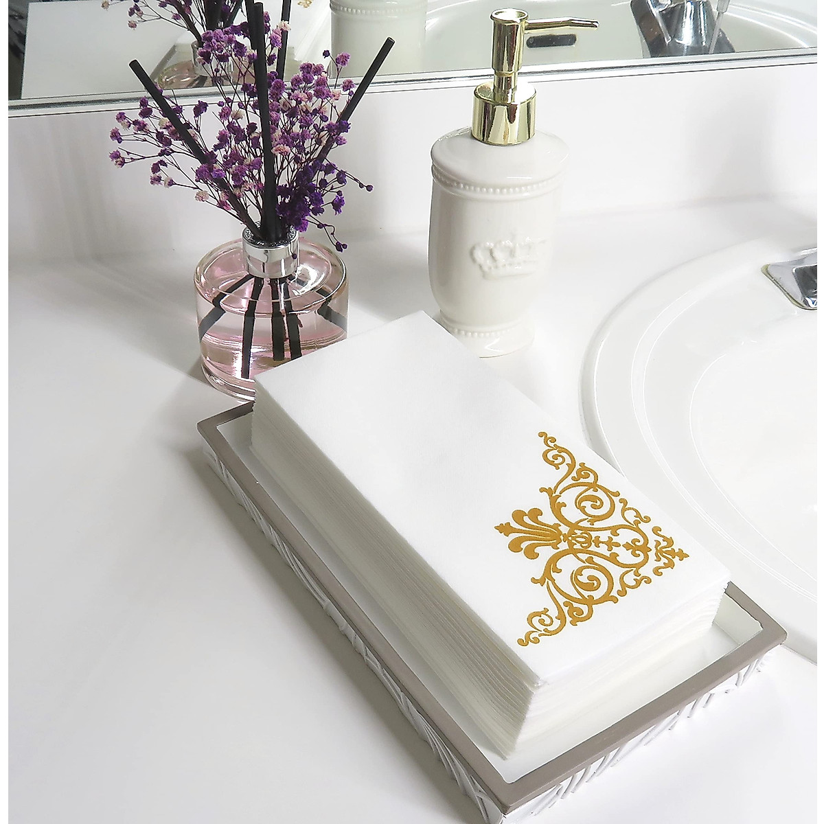 100 Bathroom Paper Hand Towels - Linen-Feel Guest Towels, Disposable Cloth Dinner Napkins, Ideal for Wedding Reception,Party Or Kitchen, White And Gold 12"x 17"