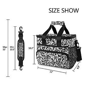 Seamless Gold Baroque, Damask Floral Pattern in Black White Style Insulated Leak proof Cooler Large Capacity Lunch Bag with Adjustable Shoulder Strap for Camping Picnic Reusable Cooler Bag