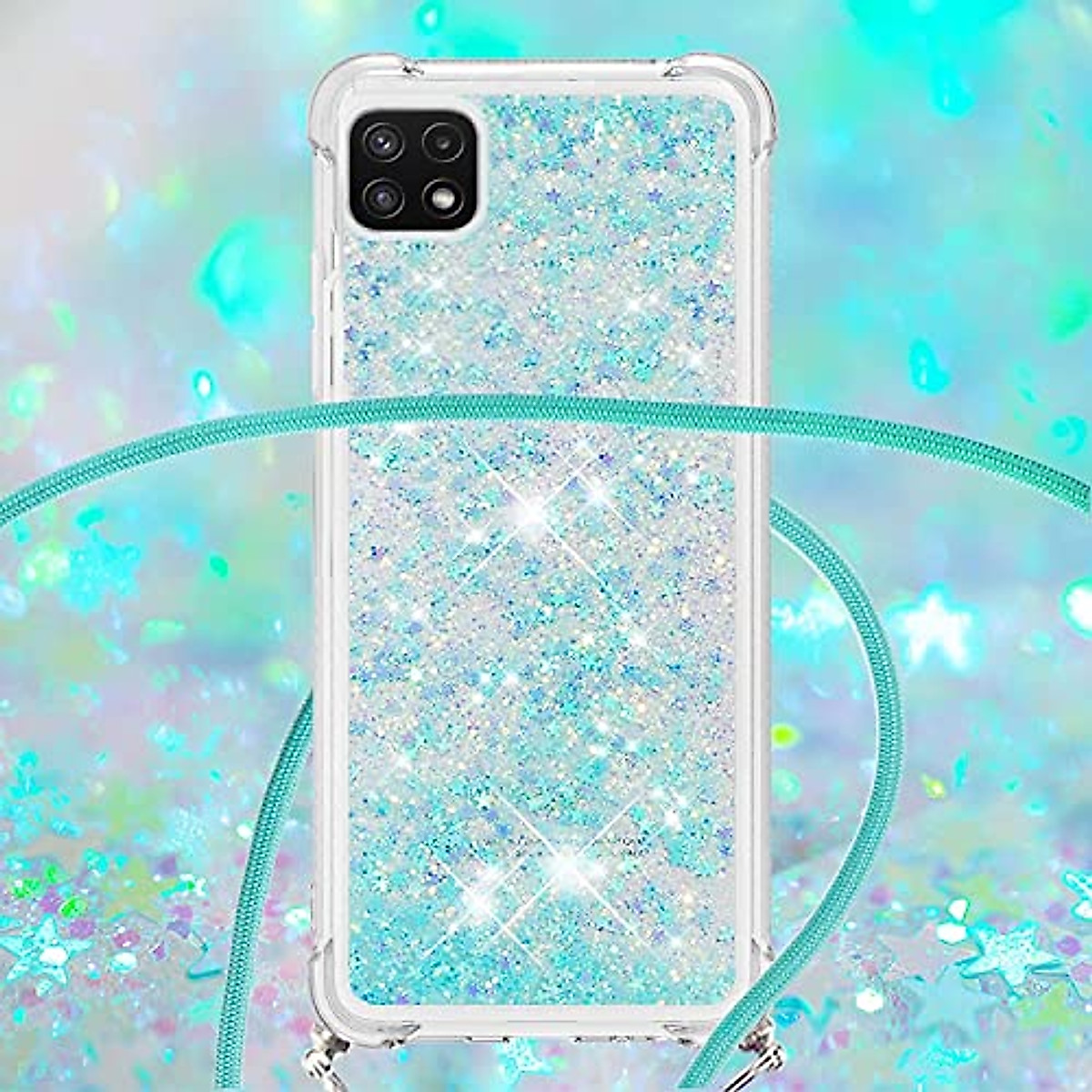 HOUSON for Samsung Galaxy A22 5G Case, Moving Liquid Holographic Sparkle Glitter Case with Crossbody Lanyard Strap, Girls Women Bling Diamond Ring Slim Protective Case for Galaxy A22 5G Blue