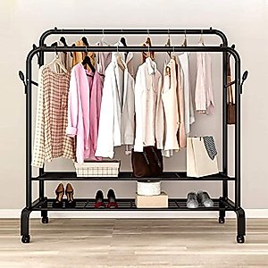 YCWO Flooring Clothes Rack Industrial Tube Wrought Iron Simple Closet Rolling with Wheels Commercial Grade Retail Display Heavy Duty Black Double Rail Large Capacity Clothing Storage Store