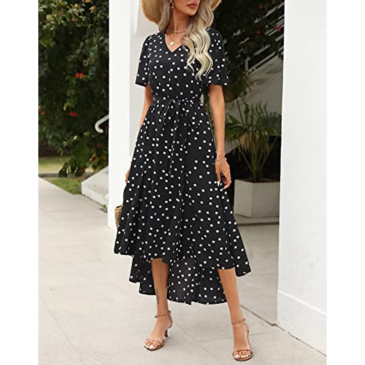 Maggeer 2024 Spring Summer Dress for Women Short Sleeve Cute High Low Flowy Graduation Engagement Bridal Shower Beach Maxi Dress Black Polka Dot M