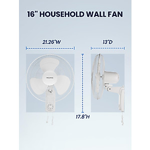 PELONIS 16’’ Wall Mount Fan with 3 Speed Settings Oscillating Household Wall Mounted Fan with Adjustable Tilt High Velocity for Garage Patios Bedroom, 2 Packs White