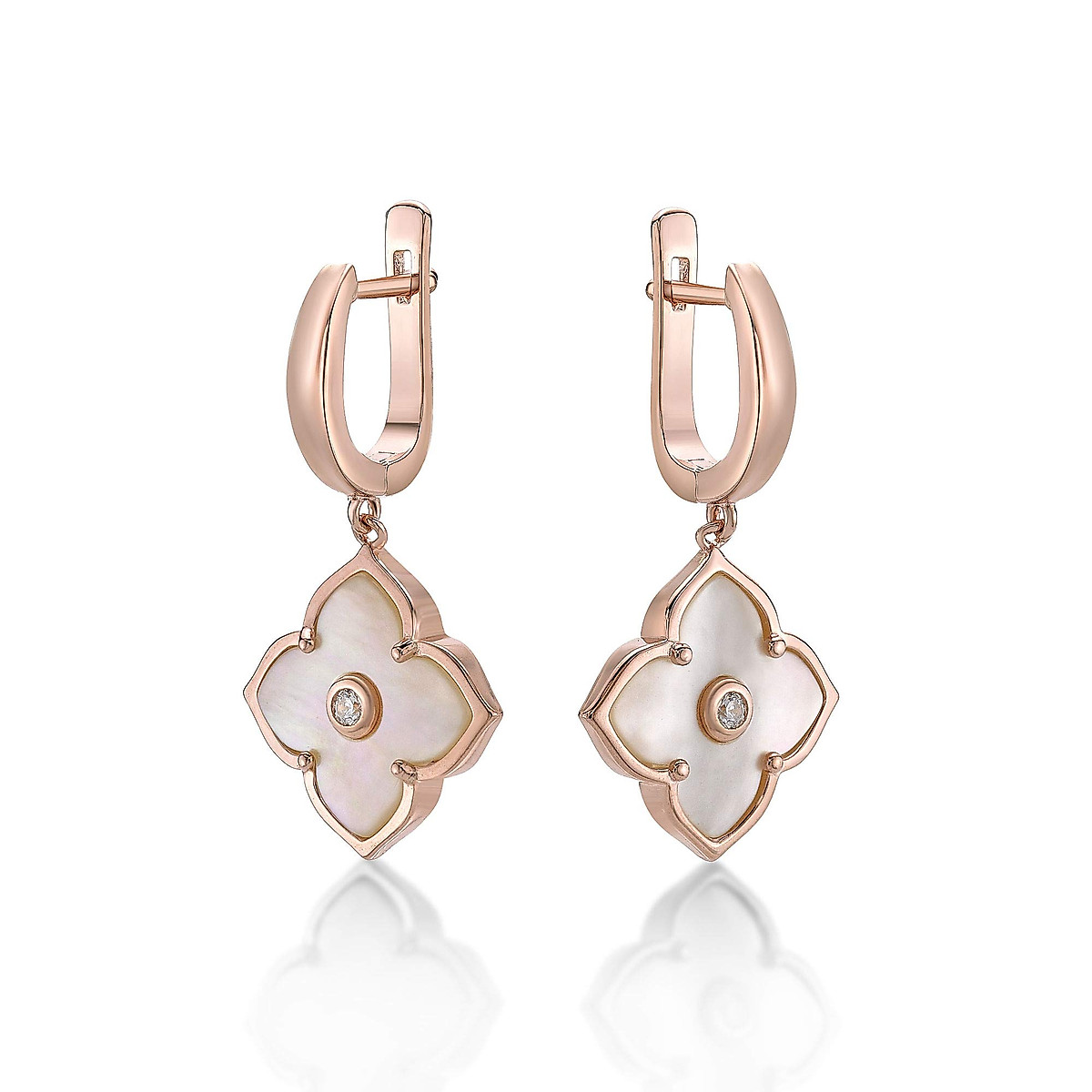 Mother of Pearl Flower Dangle Drop Earrings for Women with Cubic Zirconia in 925 Sterling Silver with Rose Gold Plating Hinged Back by Lavari Jewelers