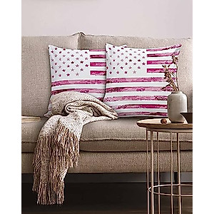 Set of 2 Throw Pillow Covers Square for Home Decor, Independence Day Pink Camo American Flag Patriotic 18x18 Inch Cotton Reversible Pillow Case Sofa Soft Cushion Cases for Bedroom Couch Bed Car Chair