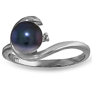 Galaxy Gold GG 14k Solid White Gold Ring with Natural 1.01 Carat Black Pearl and Diamond - Size 7.0