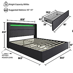 LUXOAK Queen LED Bed Frame with Wingback Headboard, Upholstered Platform Bed with 4 Storage Drawers & Charging Station, App/Remote Control, Box Spring Optional, Dark Grey…