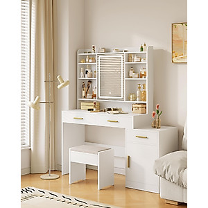 HILINSIE Large Vanity Desk with Light Mirror, Makeup Vanity Dressing Table with 3 Drawers, Adjustable Shelves, Storage Cabinet, Bedroom Vanity Table for Women‘s Day (White)