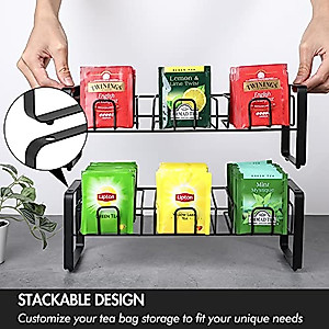 Koluti Tea Bag Holder Organizer 2 Tier, Stackable Wall-mounted Tea Storage Cabinet Stand with Removable Tray Basket, Coffee and Sugar Packet Rack for Counter, Holds 120 Tea Bags, Matte Black Metal