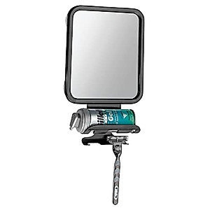 mDesign Large Modern Metal Suction Shaving Mirror Center for Bathroom Showers and Tubs - Holders for Shaving Cream and Razors - Matte Black