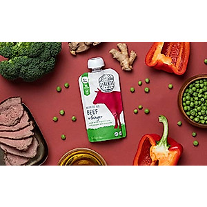 Serenity Kids 6+ Months Baby Food Pouches Puree Made With Ethically Sourced Meats & Organic Veggies | 3.5 Ounce BPA-Free Pouch | Grass Fed Beef & Ginger, Pea, Bell Pepper, Broccoli | 6 Count