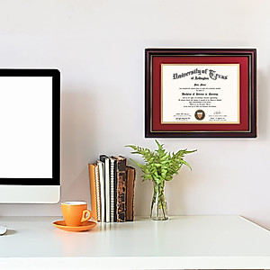 GraduationMall 8.5x11 Diploma Frame with Red over Gold Mat or Display 11x14 Certificate without Mat,Solid Wood & UV Protection Acrylic,Cherry Finish with Gold Trim