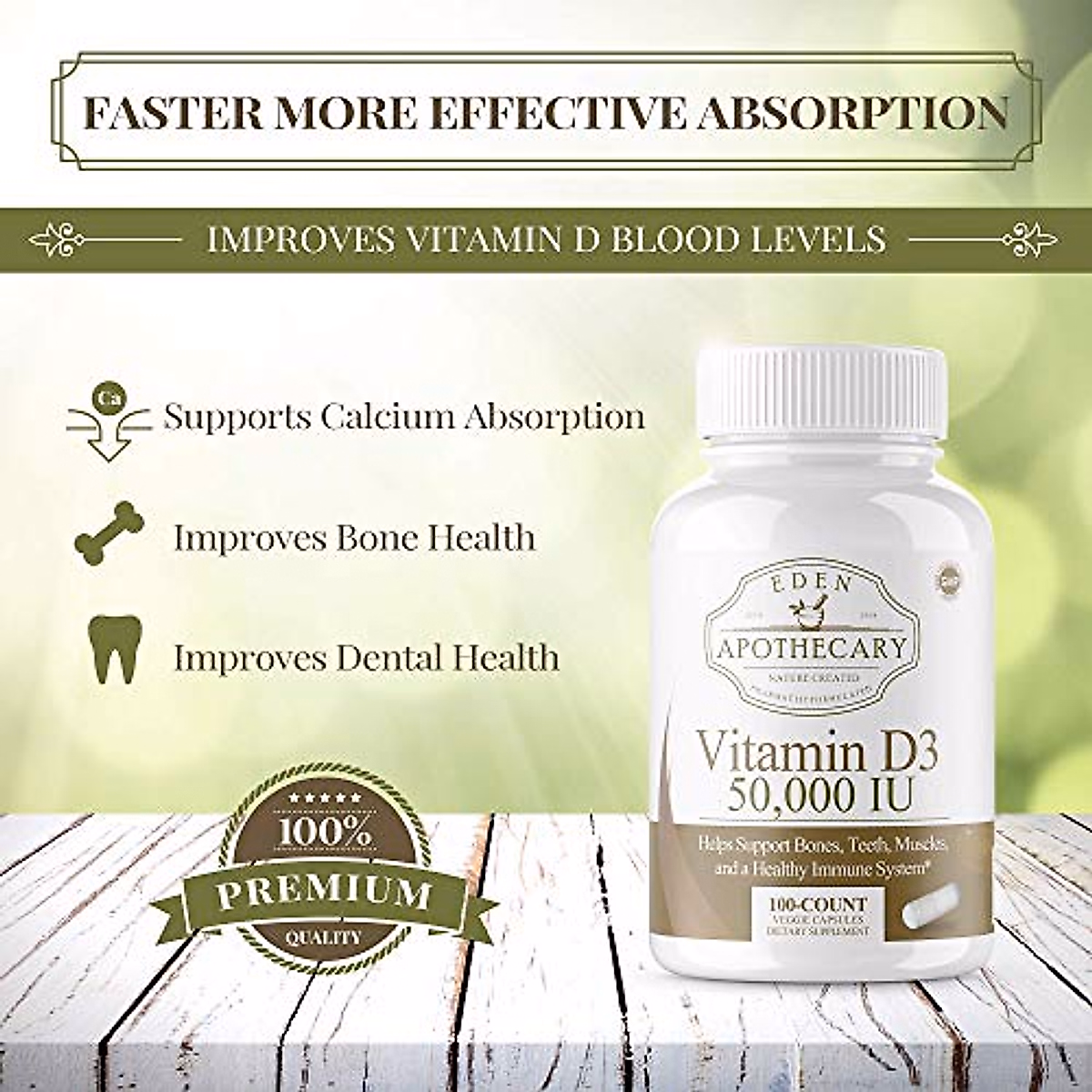 Vitamin D3 50,000 IU units for Bones Teeth Muscles and Immune System - High Potency Dose Vit D Vegetarian Approved Health Supplement - Pharmacist created and approved - 100 count
