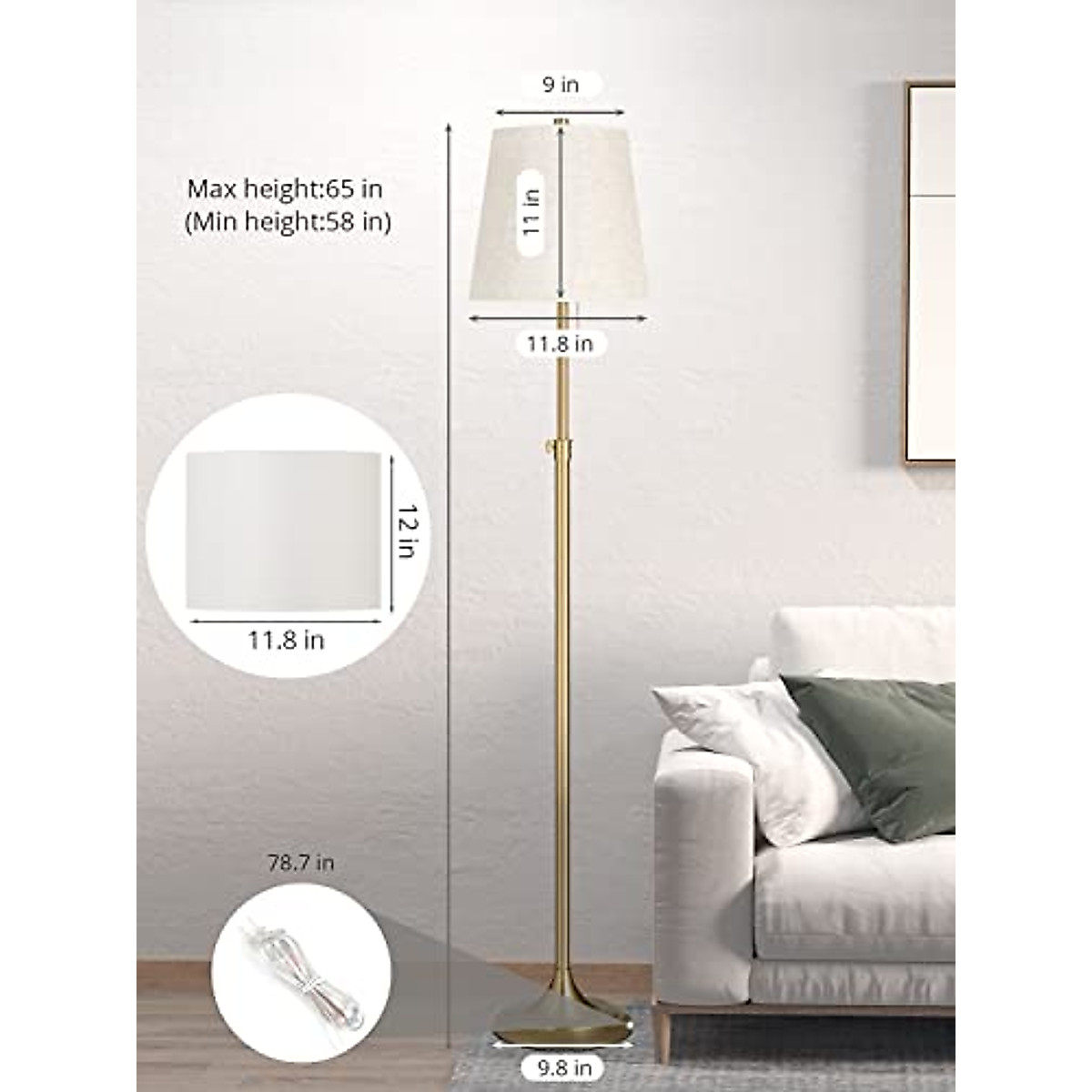 Meisoda Gold Floor Lamp, 9W 3 CCT Dimmable Standing Lamp with 2 Linen Lamp Shades and Pull Chain for Living Room, Bedroom, Office, 58" to 65" Adjustable Height, Modern Brushed Bronze Design